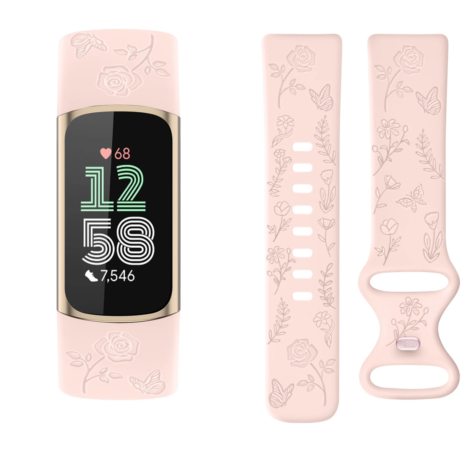 Fitbit Charge 5 Strap | Fitbit Charge 6 Strap | Light Pink Floral Sili ...